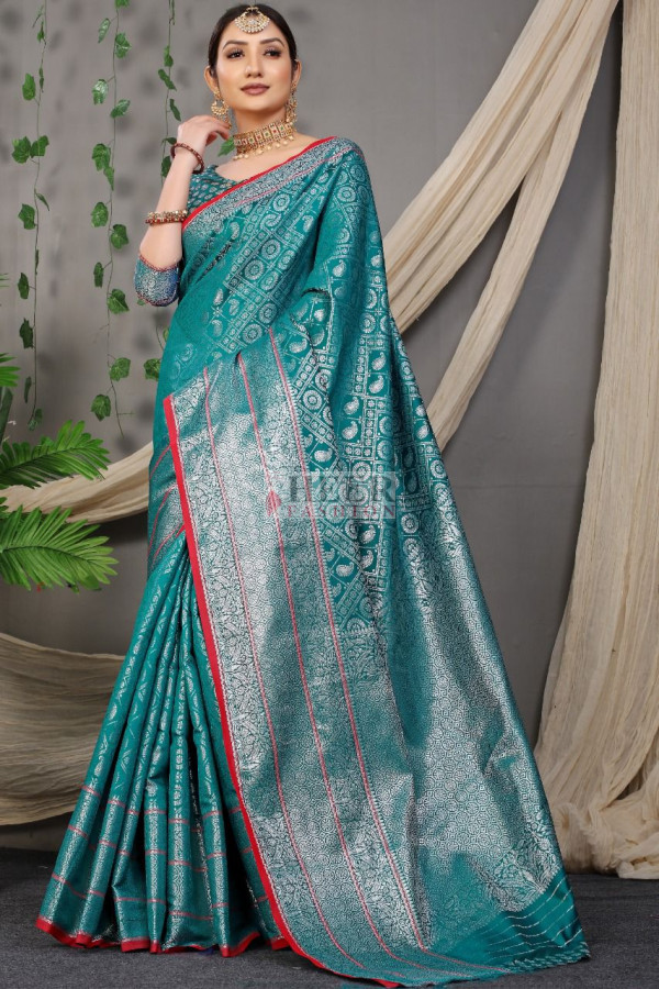 Rama green color kanchipuram silk saree with zari weaving work