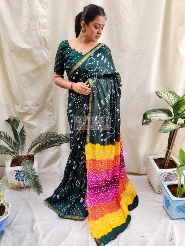 Dark green color bandhani saree with hand bandhej print