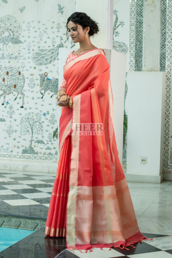 Gajari color soft linen saree with weaving work