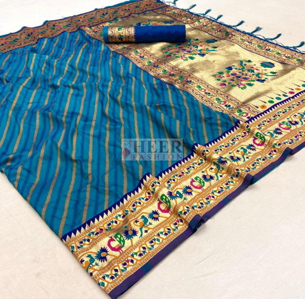 Firoji color paithani silk saree with zari work and leheriya design