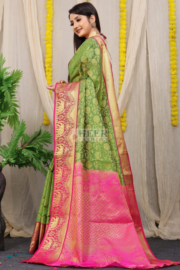Mehndi green color kanchipuram silk saree with zari weaving work