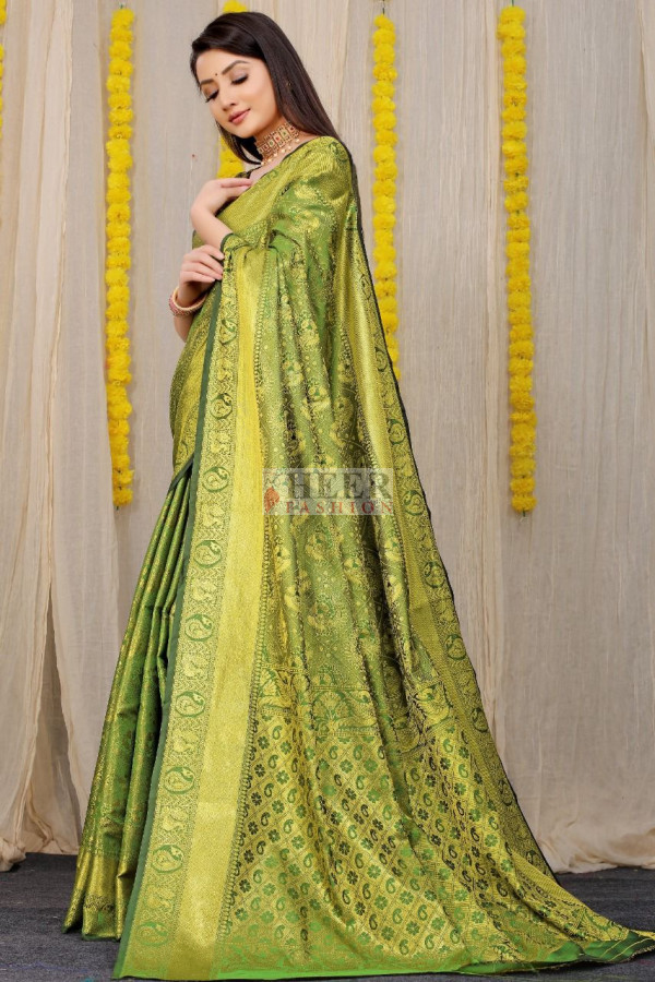 Mehndi green color kanchipuram silk saree with zari weaving work