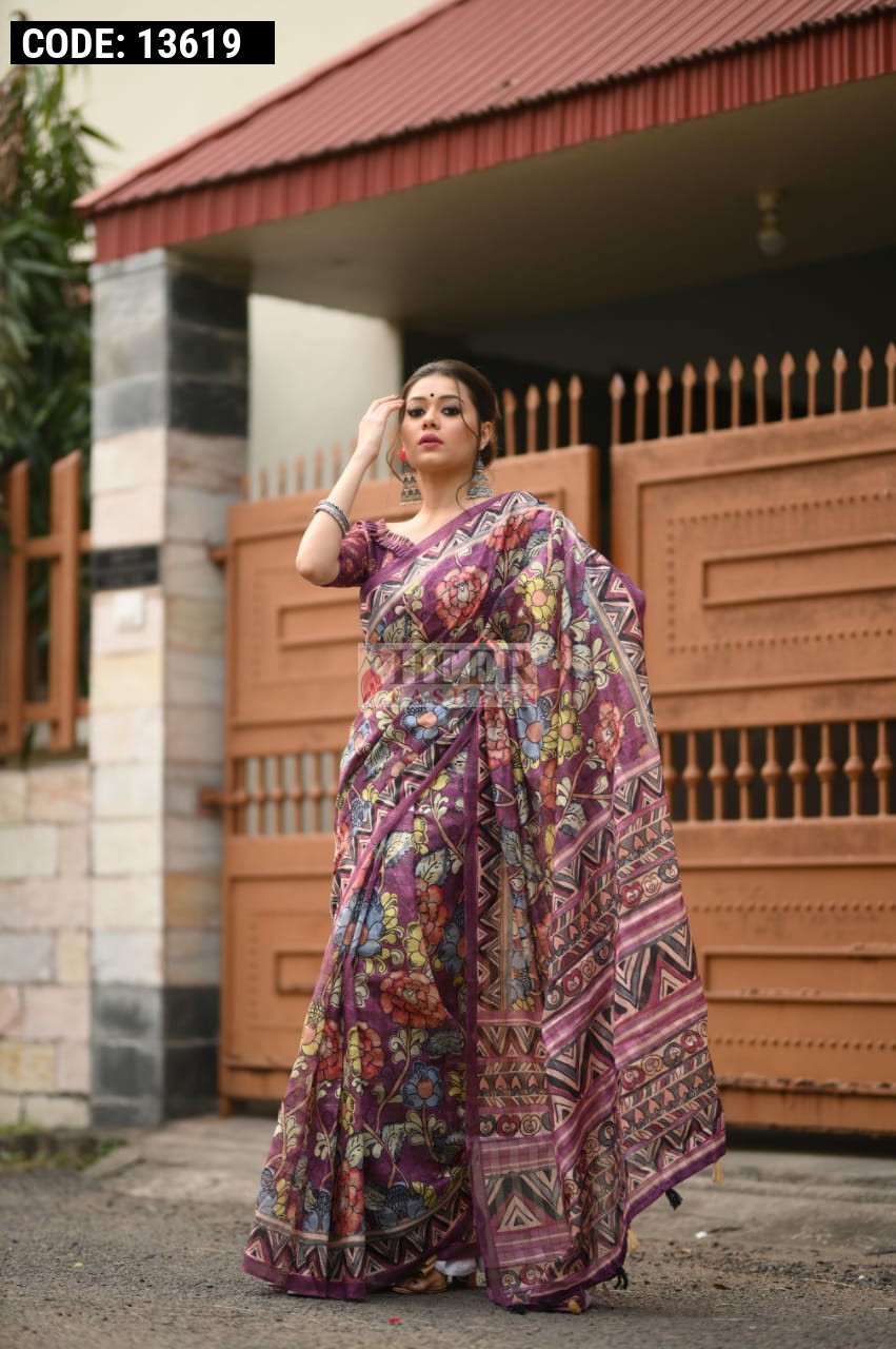 Multi color soft cotton saree with kalamkari print