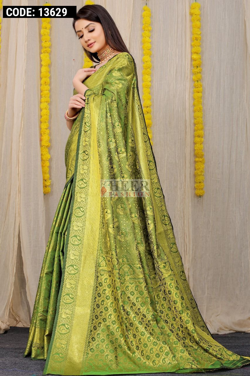 Mehndi green color kanchipuram silk saree with zari weaving work