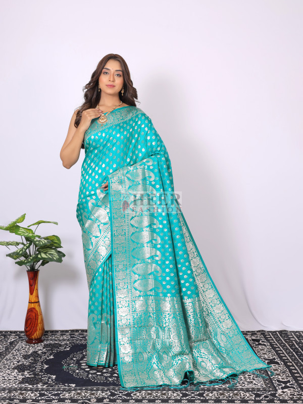 Rama green color banarasi silk saree with zari weaving work