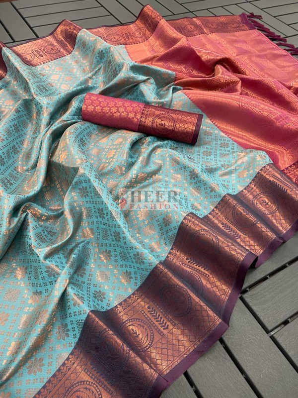Firoji color kanchipuram silk saree with zari weaving work