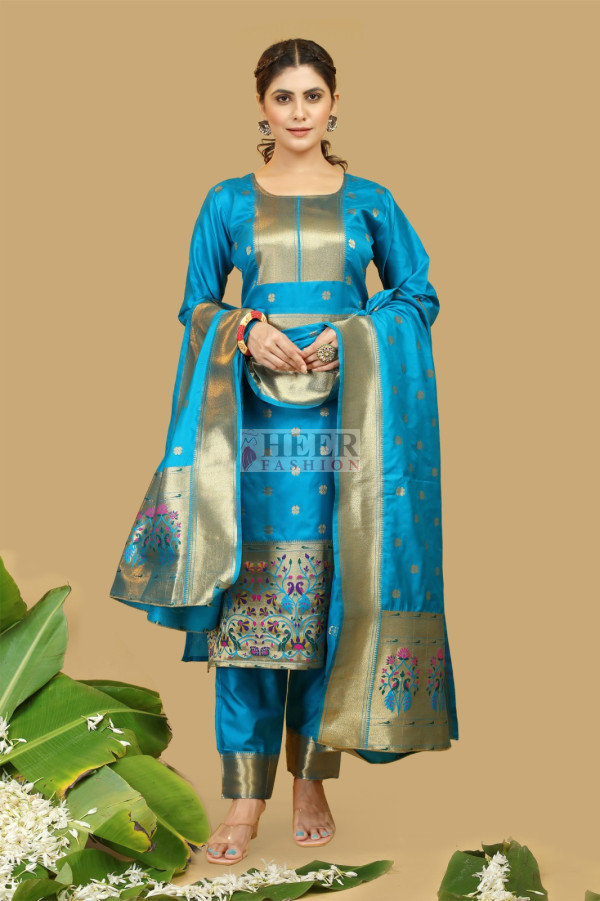 Firoji color paithani silk unstitched dress