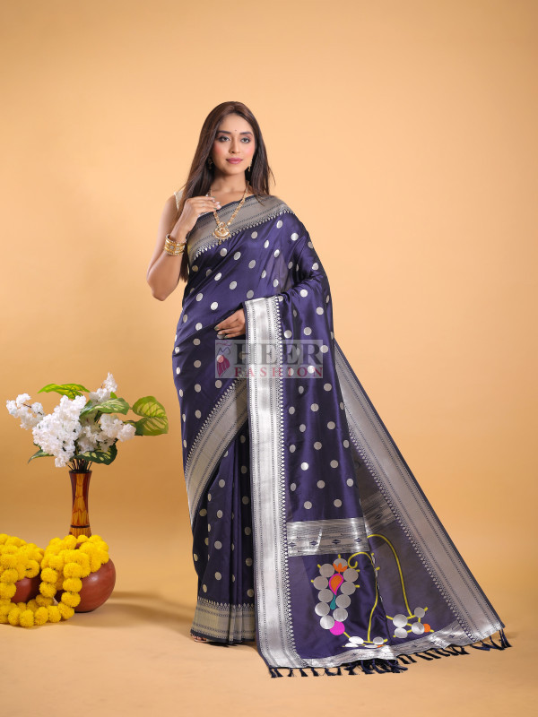 Navy blue color paithani silk saree with zari weaving work