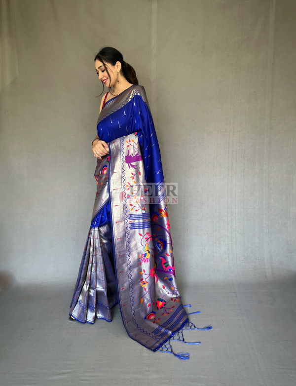 Royal blue color paithani silk saree with zari weaving work