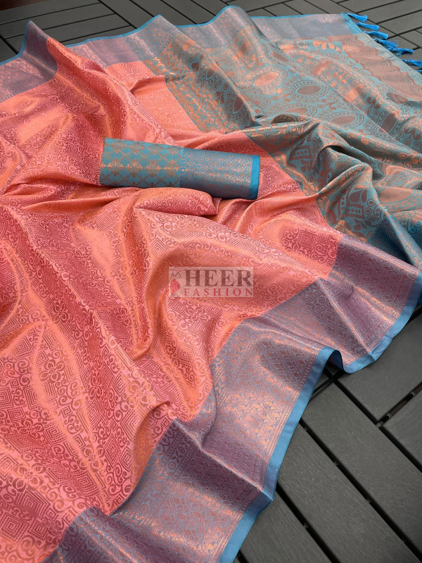 Multi color kanchipuram silk saree with zari weaving work