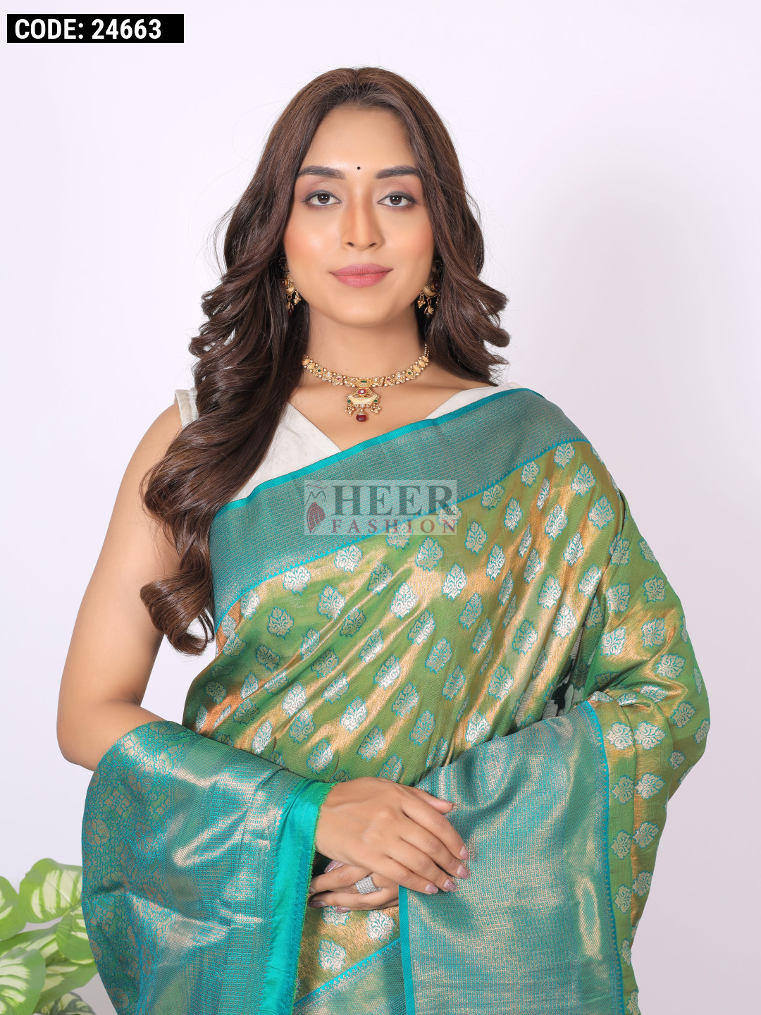 Mahendi green color banarasi silk saree with zari weaving work