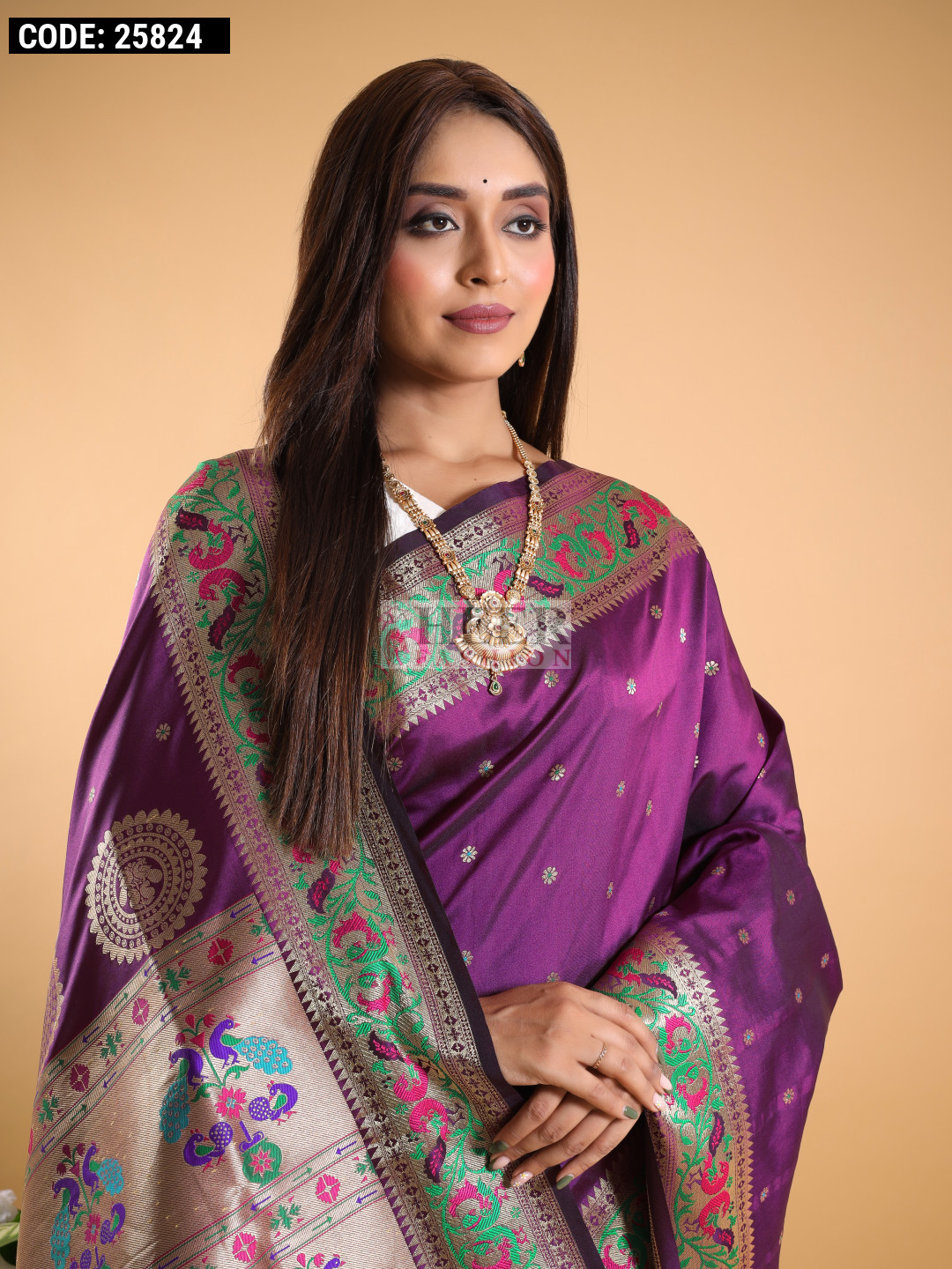 Magenta color paithani silk saree with zari weaving work