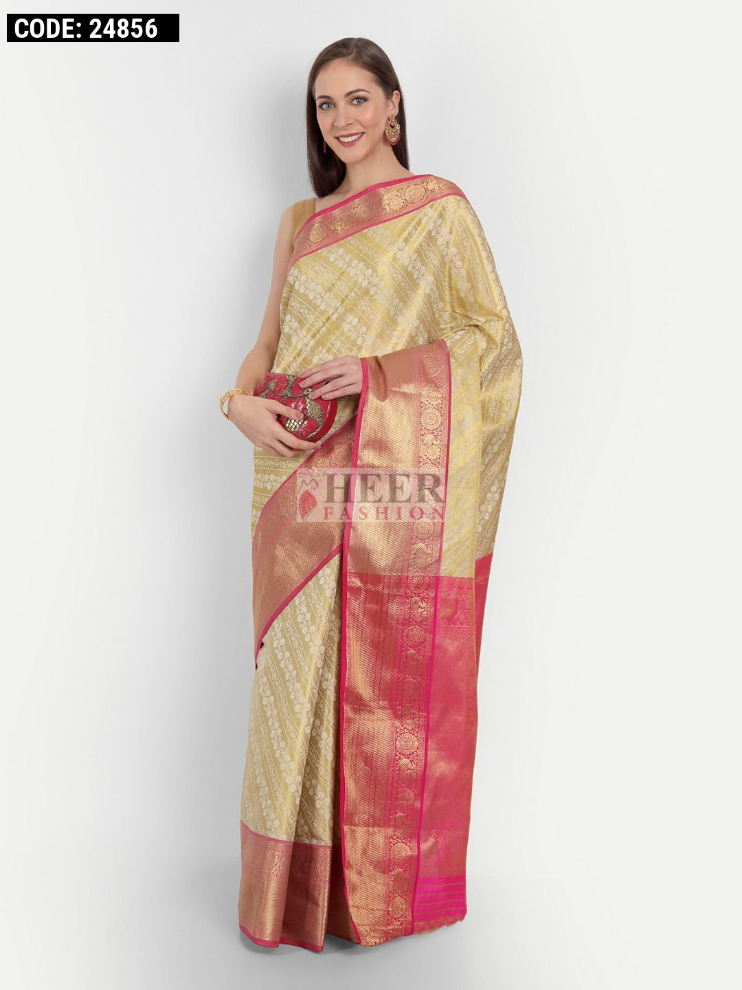 Off white color kanchipuram silk saree with zari woven work