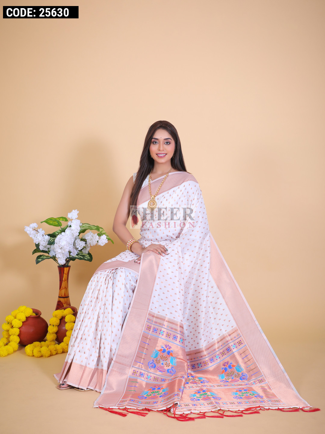 White color paithani silk saree with zari weaving work