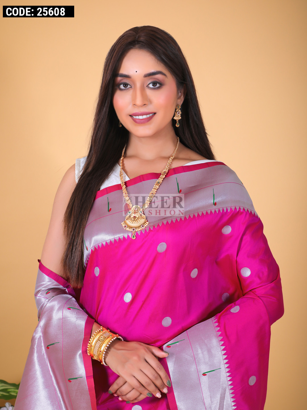 Rani pink color soft paithani silk saree with zari weaving work