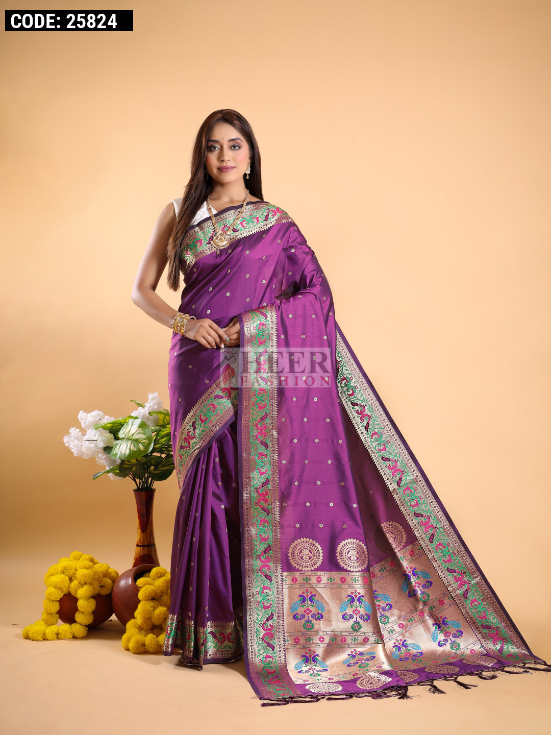 Magenta color paithani silk saree with zari weaving work