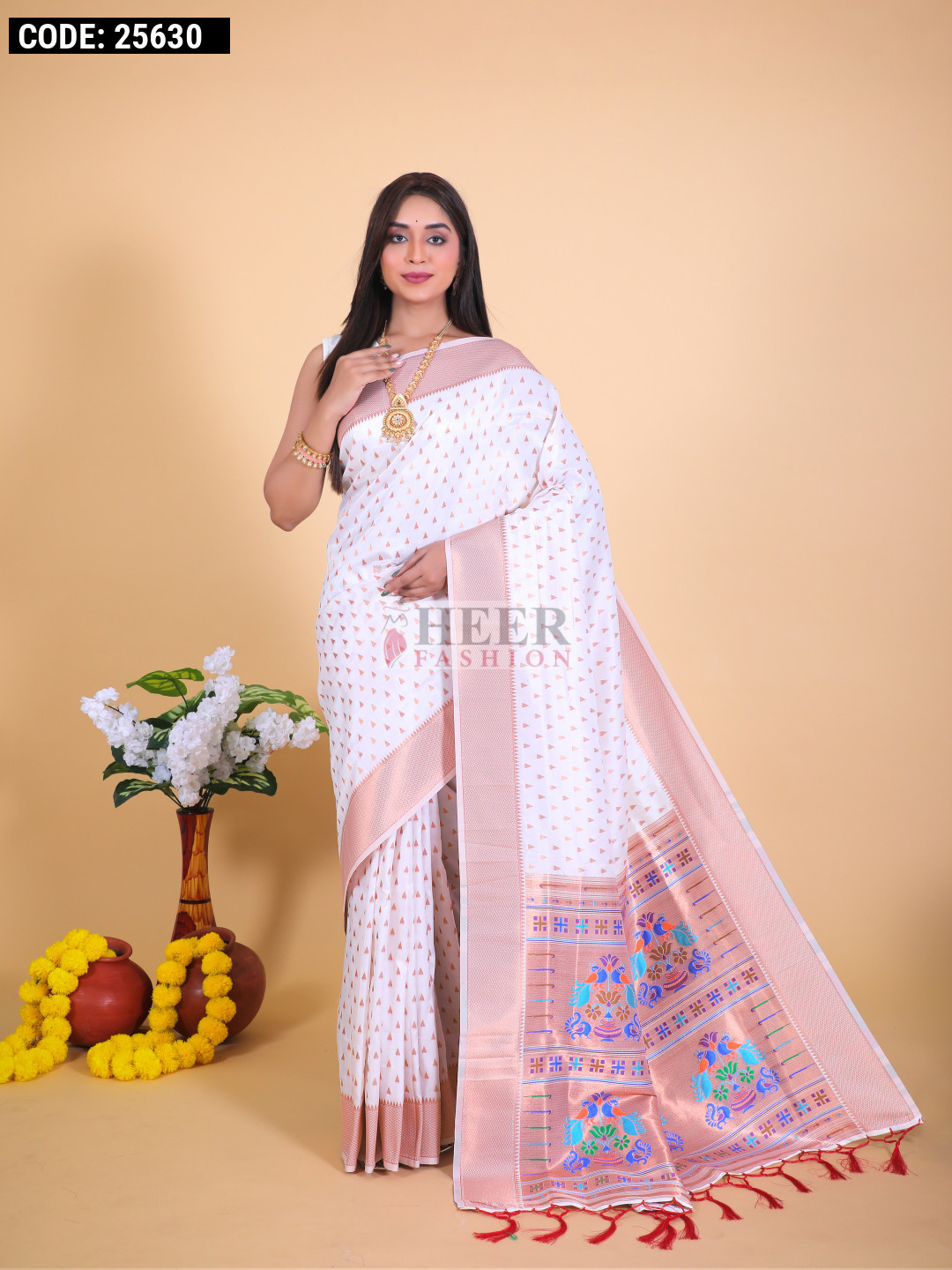 White color paithani silk saree with zari weaving work