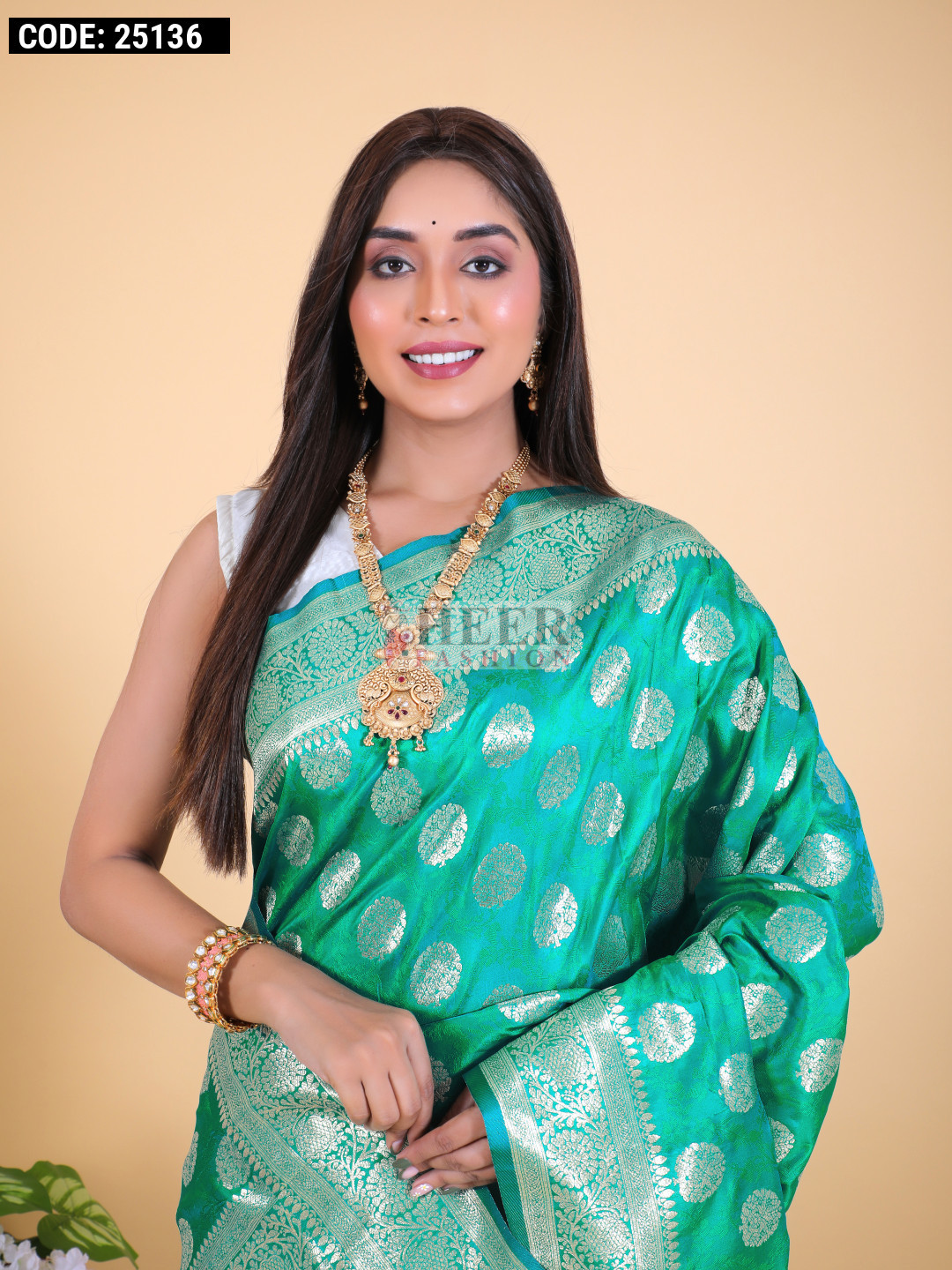 Green color banarasi silk saree with zari weaving work