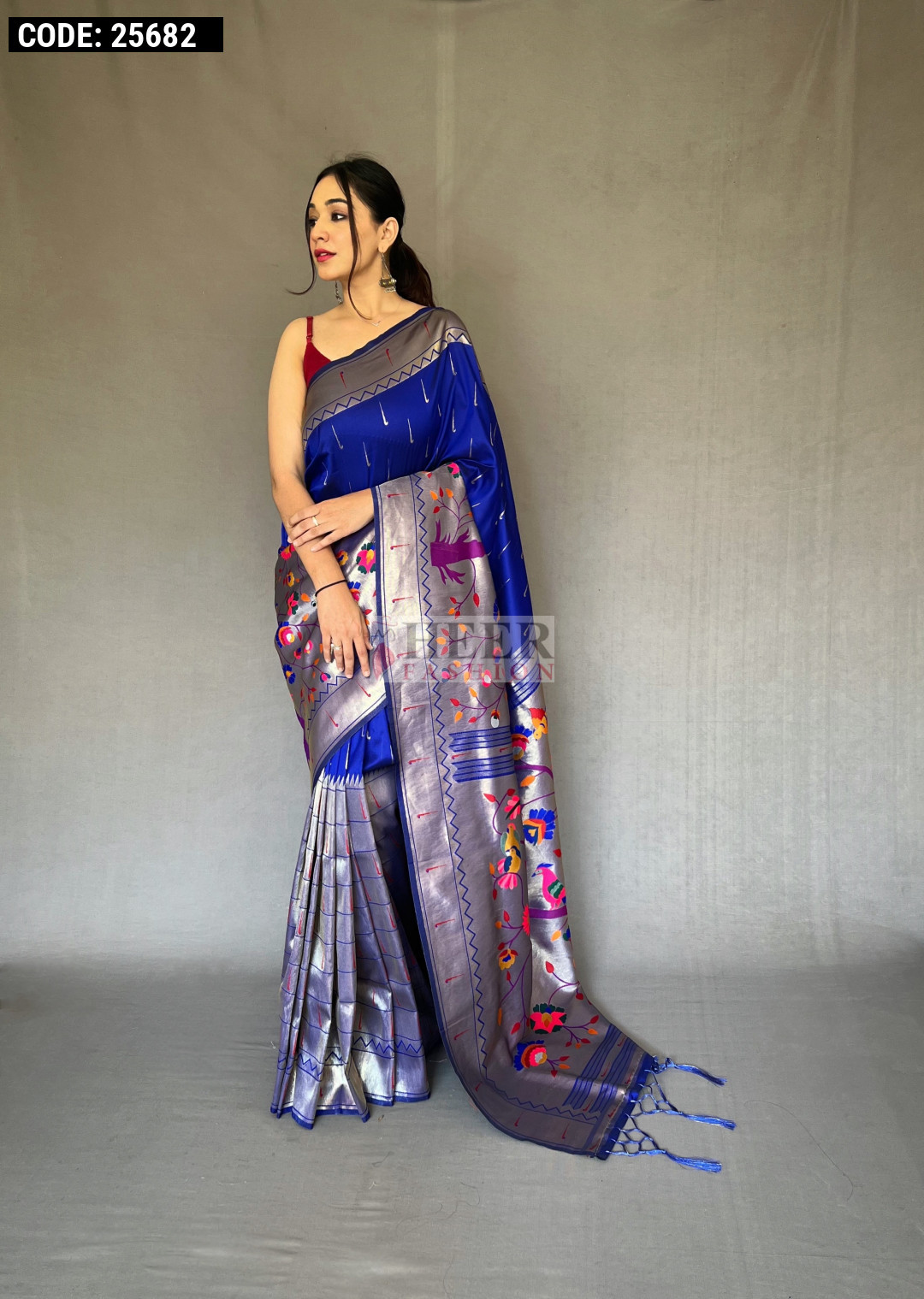 Royal blue color paithani silk saree with zari weaving work