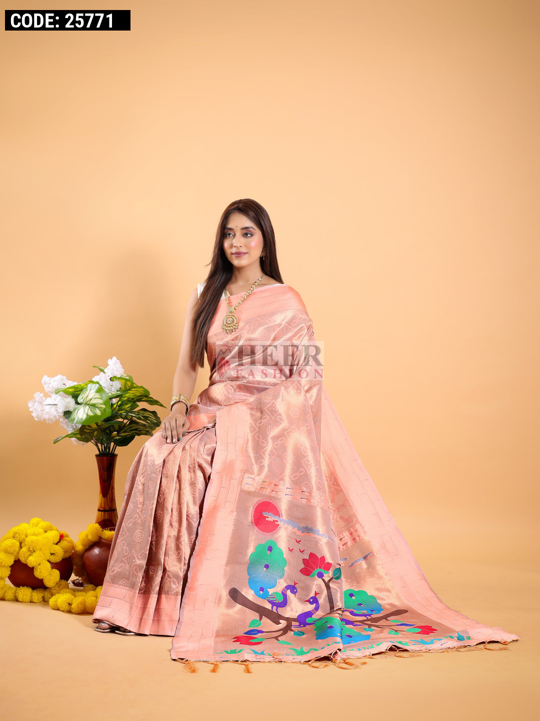 Peach color paithani silk saree with zari weaving work