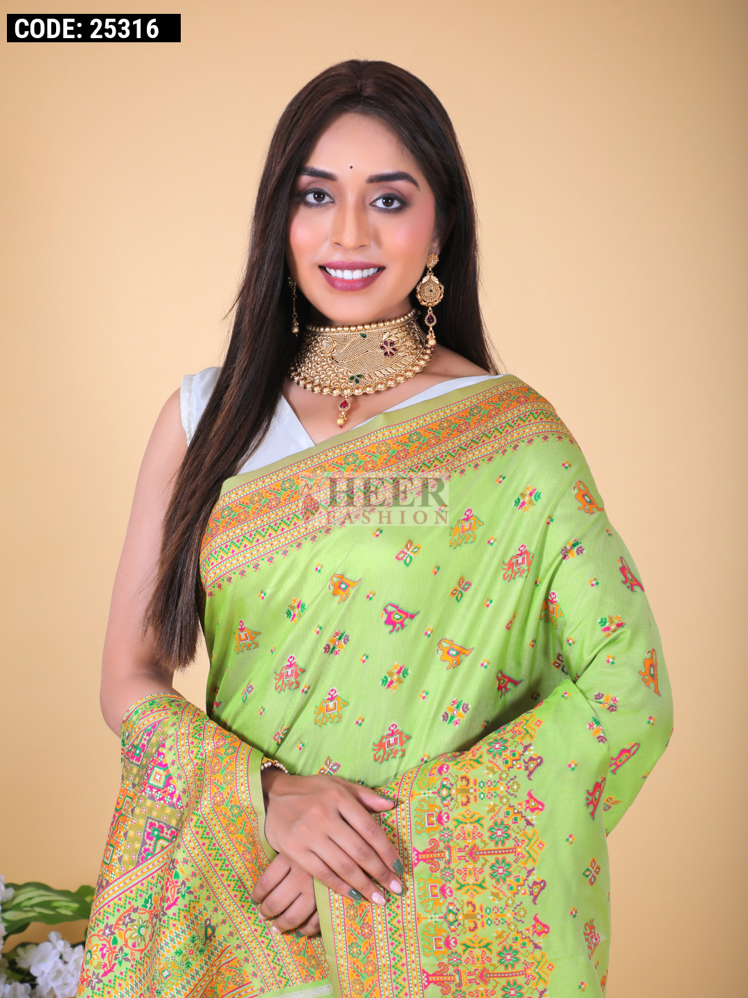 Mahendi green color banarasi silk saree with woven design