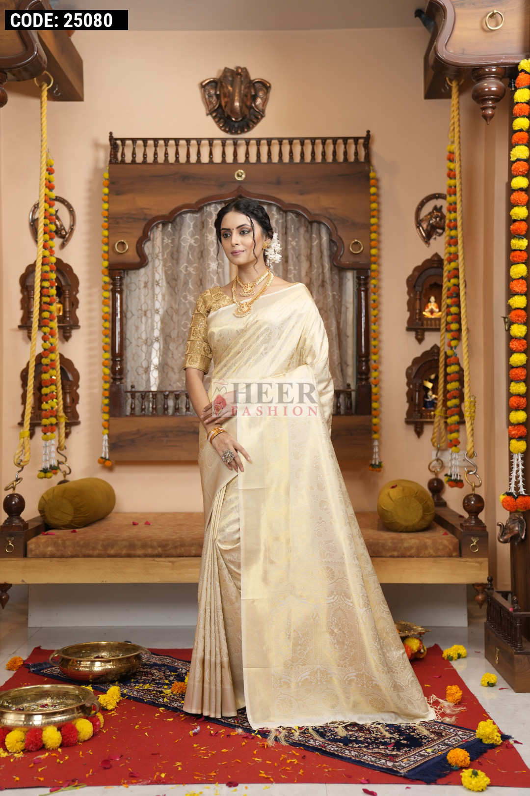 Off white color kanjivaram silk saree with zari weaving work