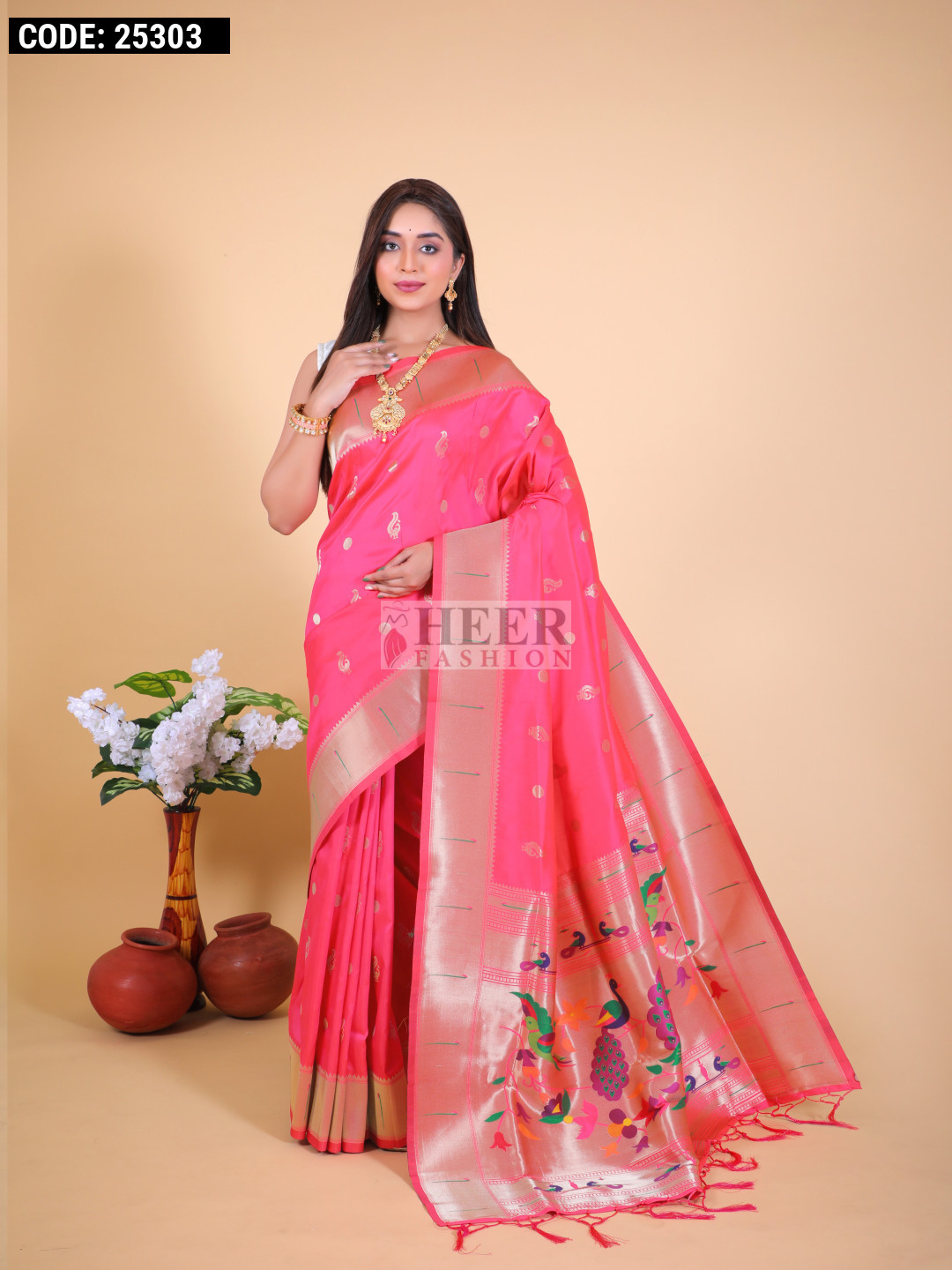 Gajari color paithani silk saree with zari weaving work