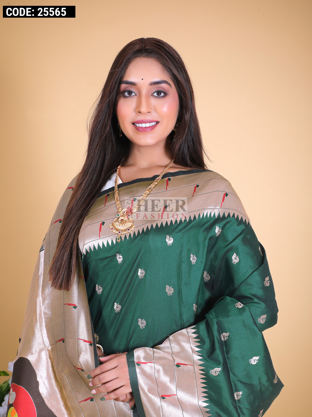 Dark green color paithani silk saree with zari weaving work