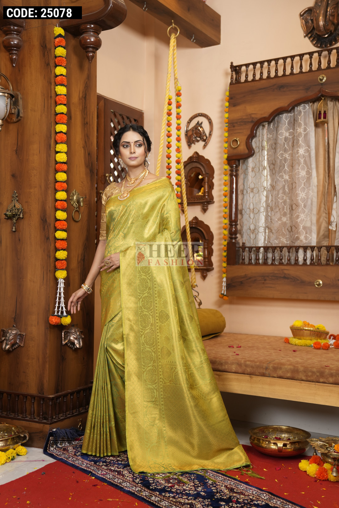 Mahendi green color kanjivaram silk saree with zari weaving work