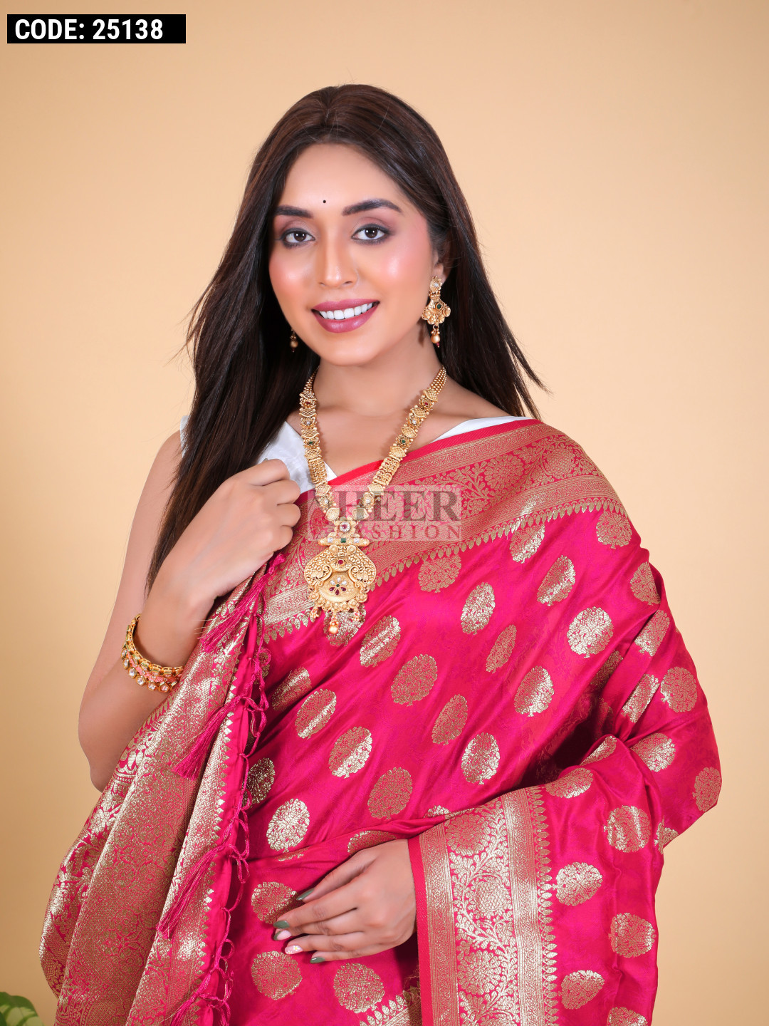 Rani pink color banarasi silk saree with zari weaving work