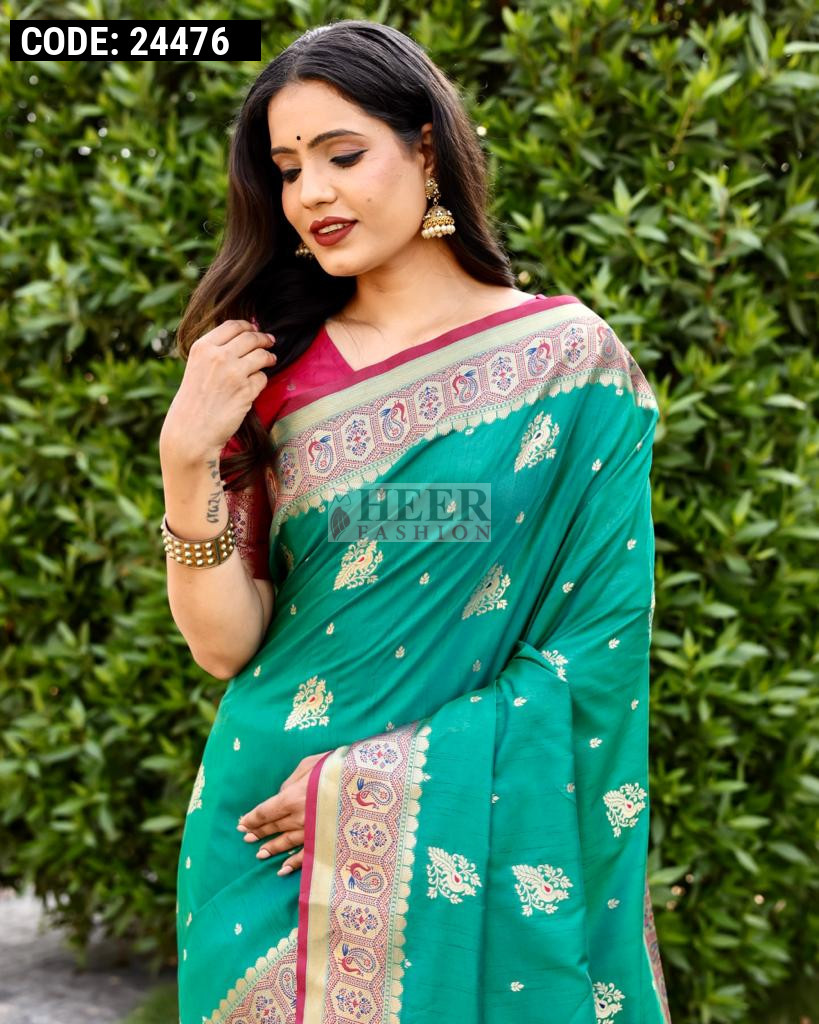 Two tone rama green color paithani silk saree with zari weaving work