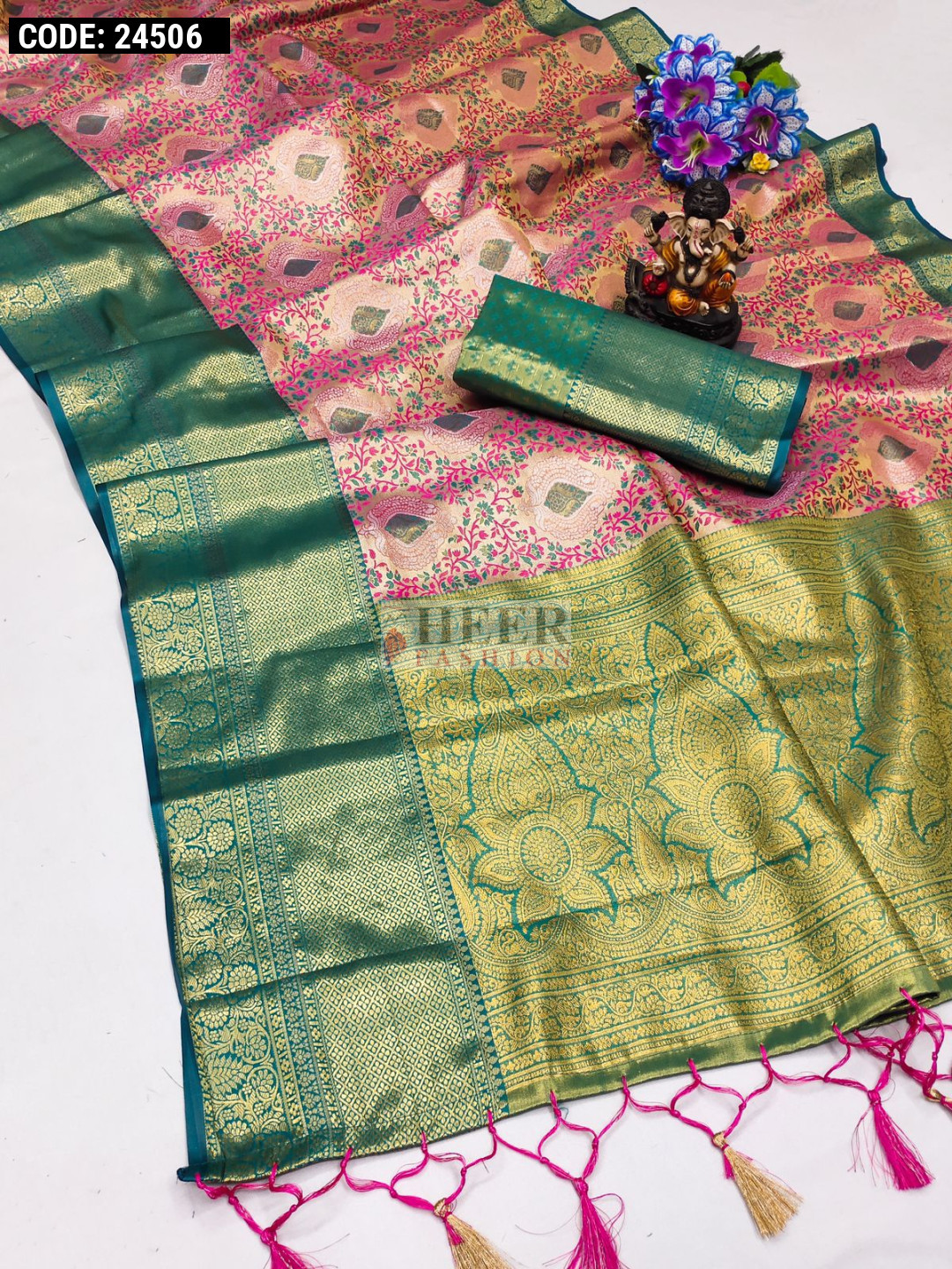 Pink color kanchipuram silk saree with zari weaving work