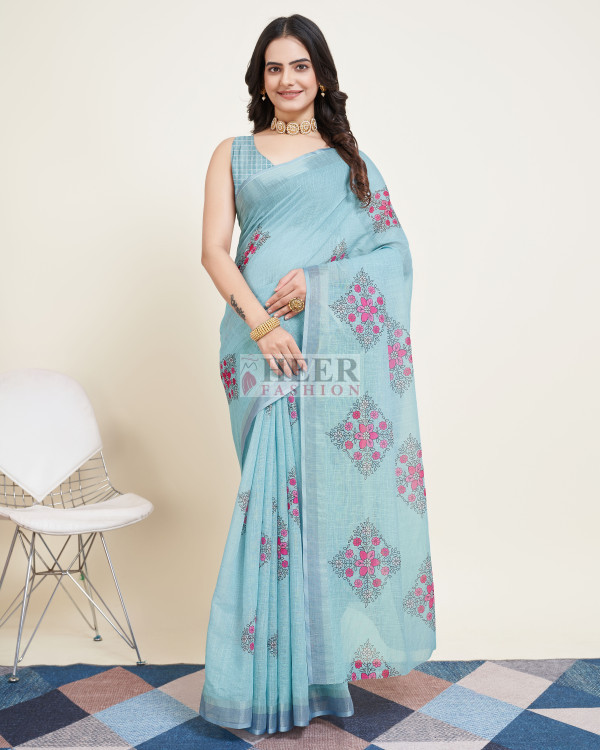Sky blue color cotton silk saree with printed work