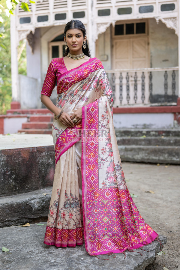 Pink color soft tussar silk saree with patola printed work