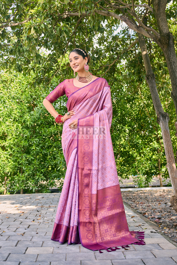 Lavender color kanchipuram silk saree with zari weaving work