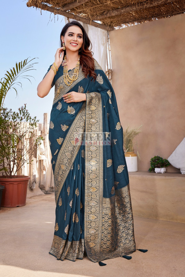 Rama green color viscose silk saree with zari weaving work