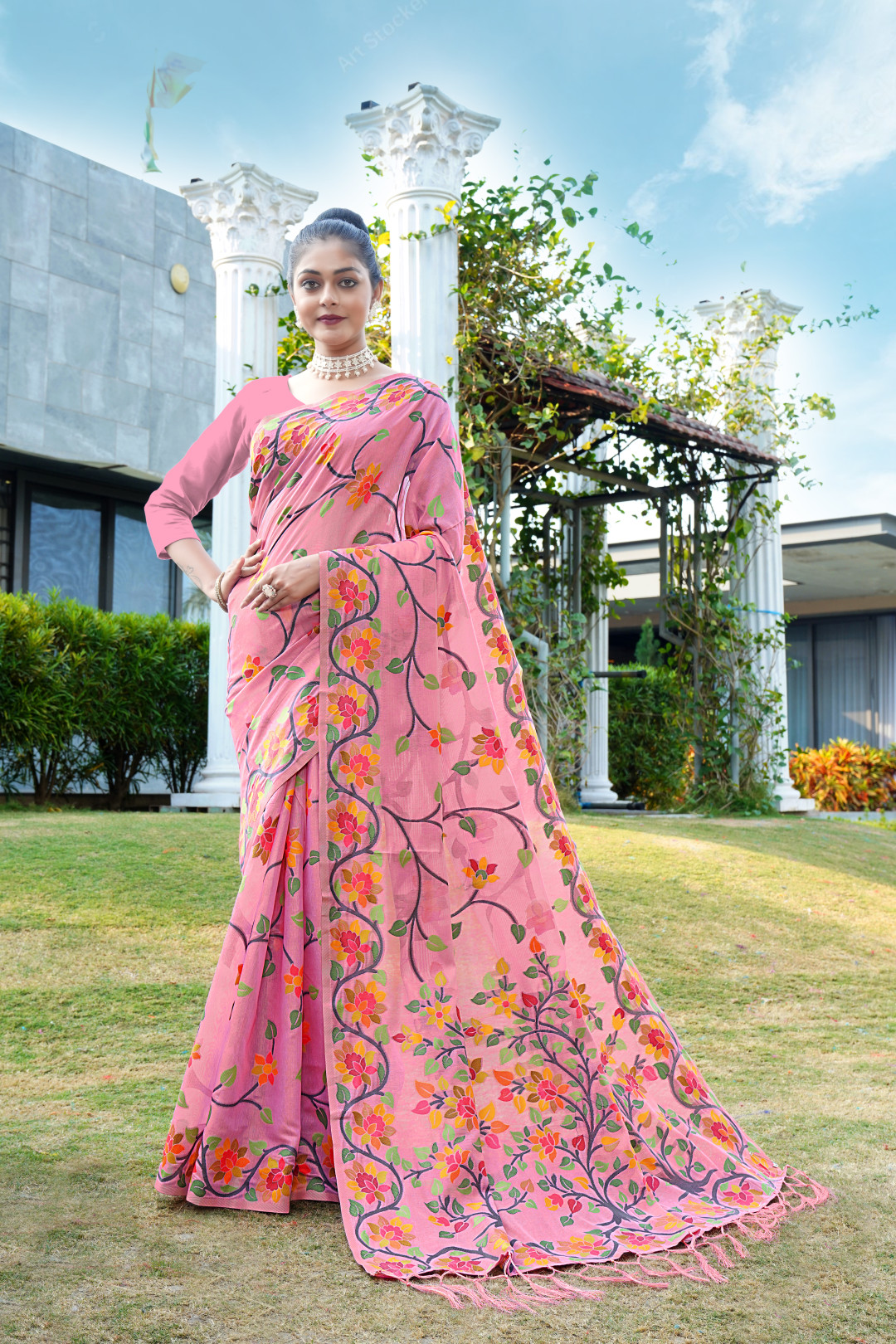 Pink color soft jamdani cotton saree with woven design