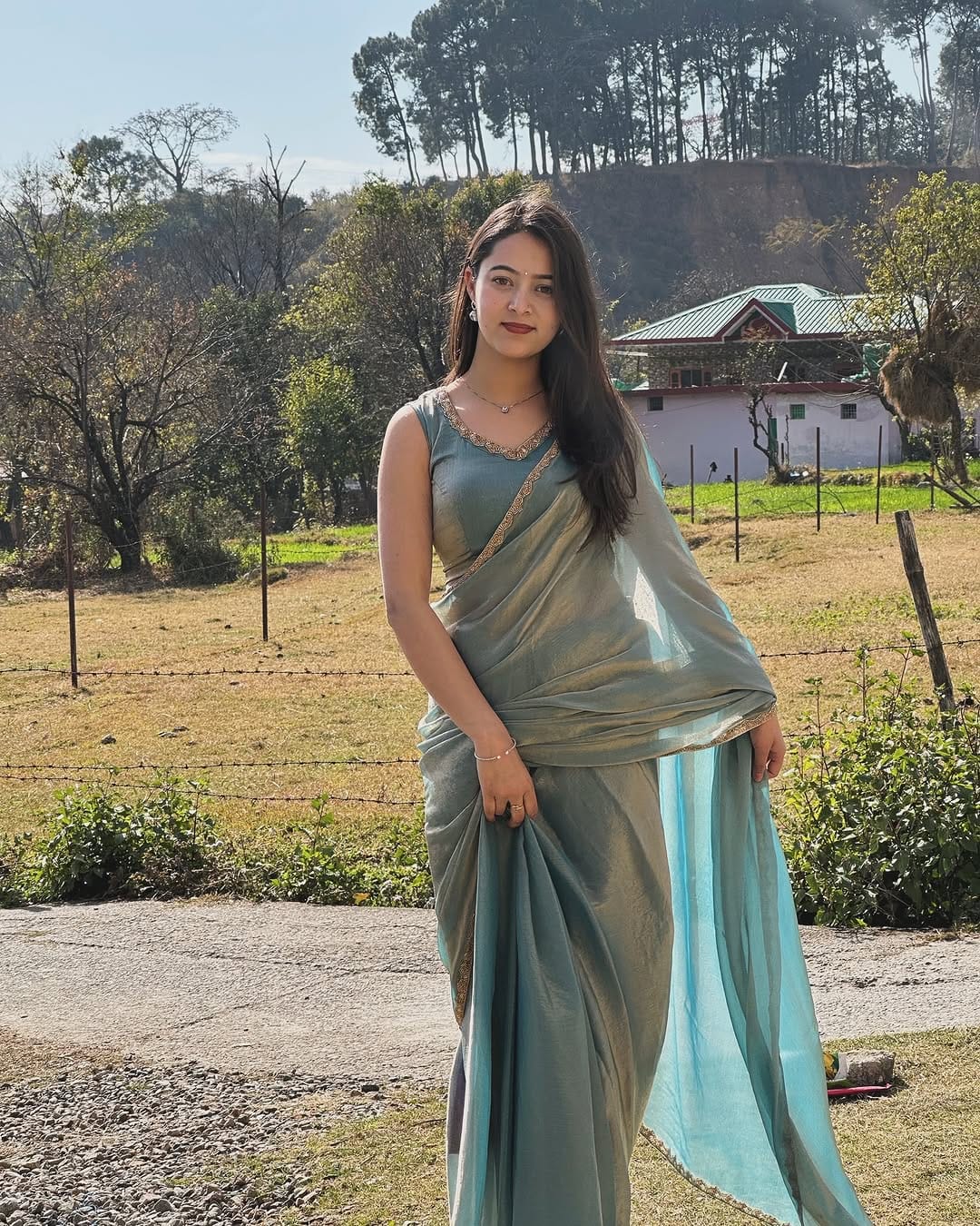 Sky blue fancy fandy silk saree with handwork lace border
