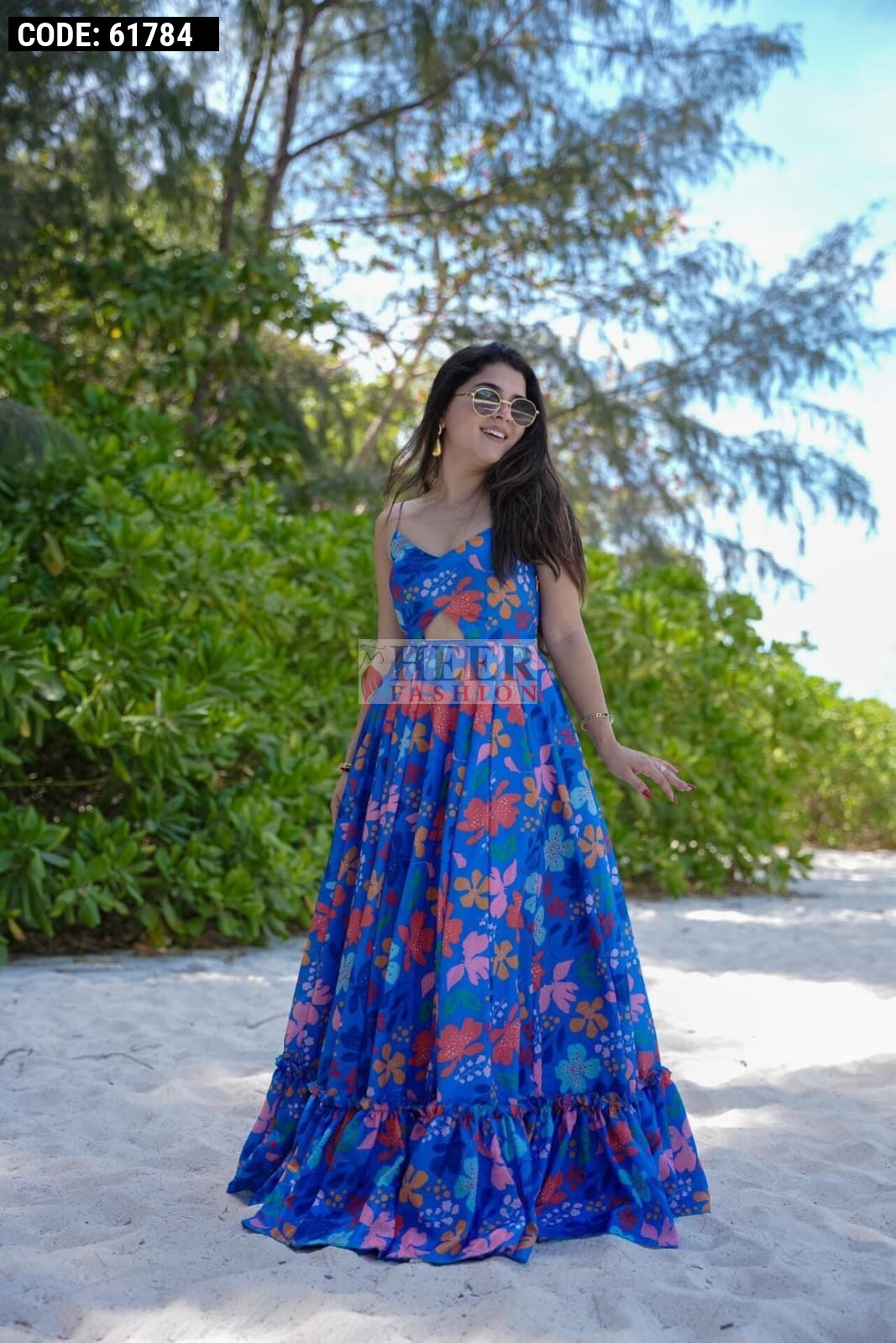 Stylish blue color poly rayon long gown with digital printed work