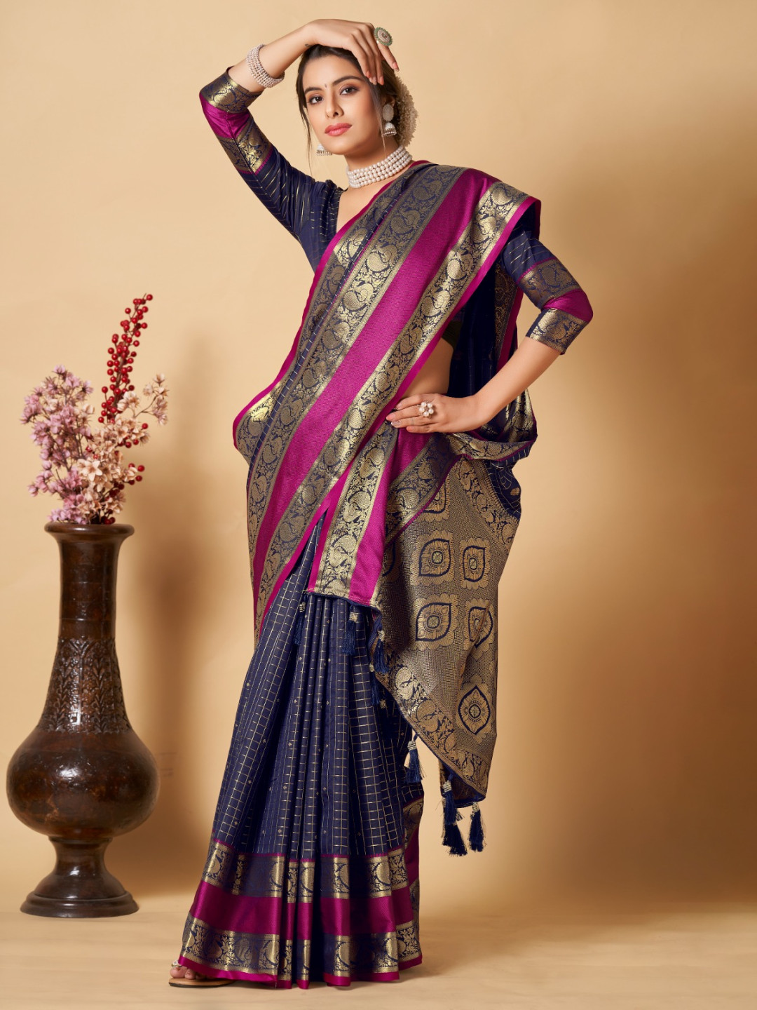 Navy blue color cotton silk saree with zari weaving work