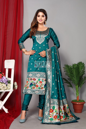 Rama green color paithani silk unstitched dress