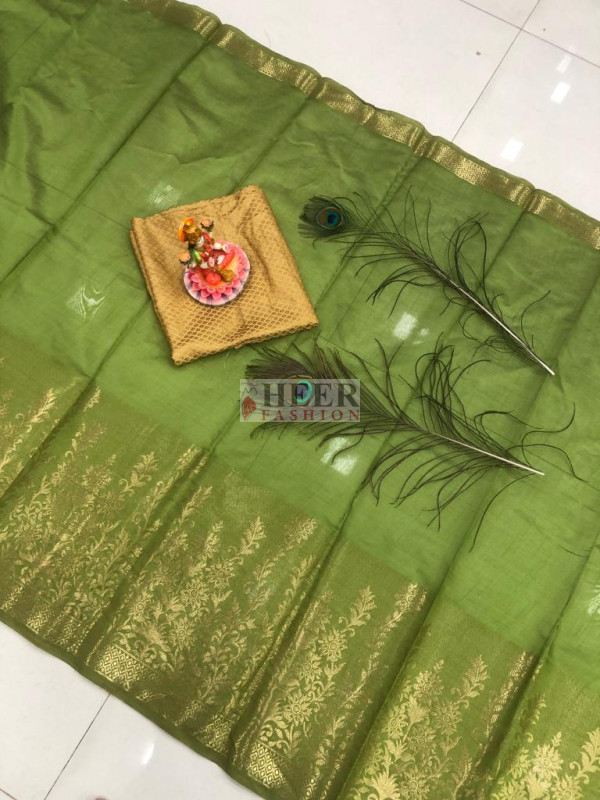 Mahendi green color soft assam silk saree with zari weaving work