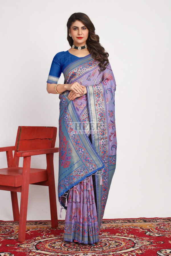 Lavender color cotton silk saree with woven design