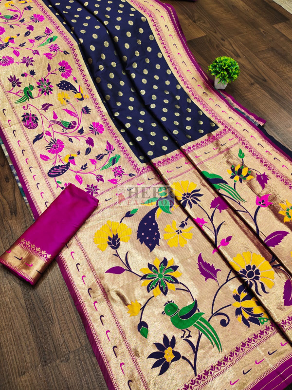 Navy blue color paithani silk saree with zari weaving work
