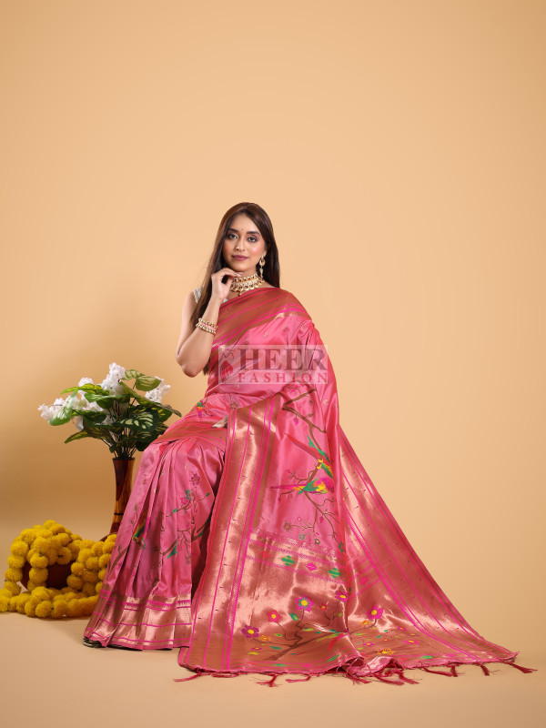 Gajari color paithani silk saree with zari weaving work