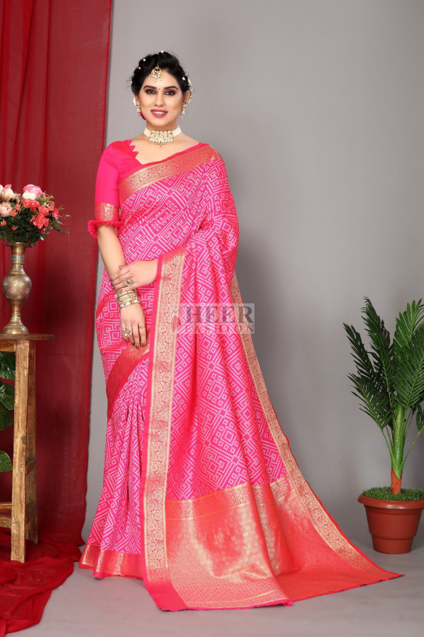 Rani pink color banarasi silk saree with zari weaving work