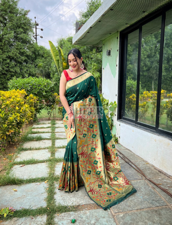 Bottle green color paithani silk saree with zari weaving work