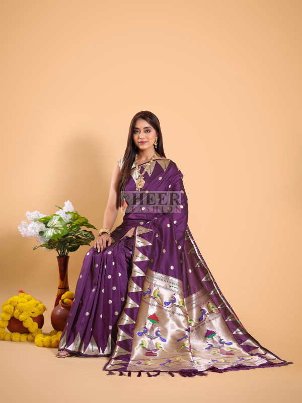 Magenta color paithani silk saree with zari weaving work