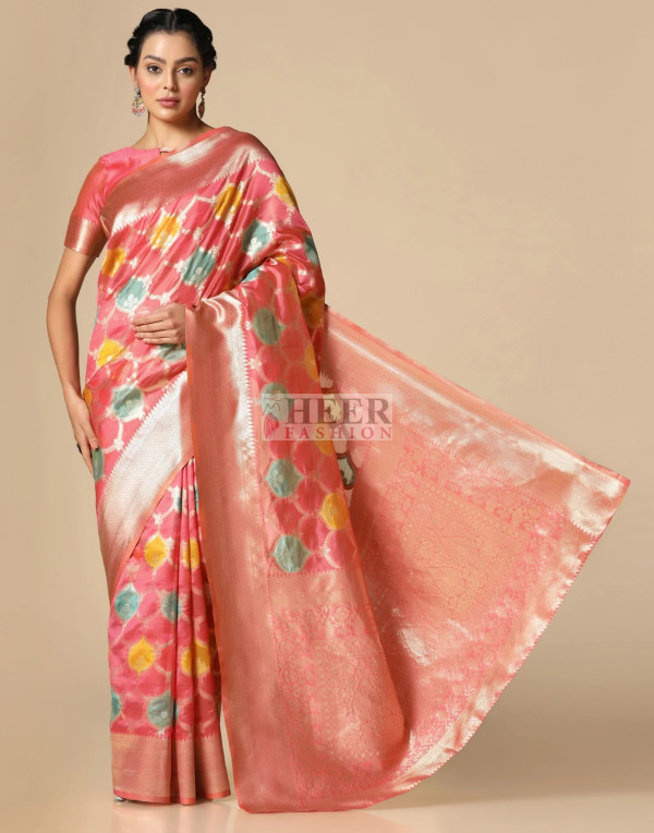 Gajari color soft organza silk saree with zari weaving work