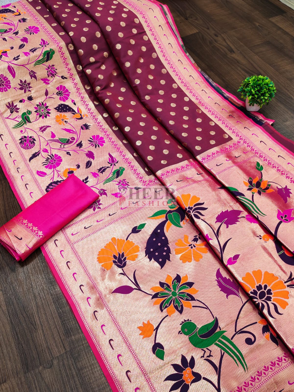 Magenta color paithani silk saree with zari weaving work